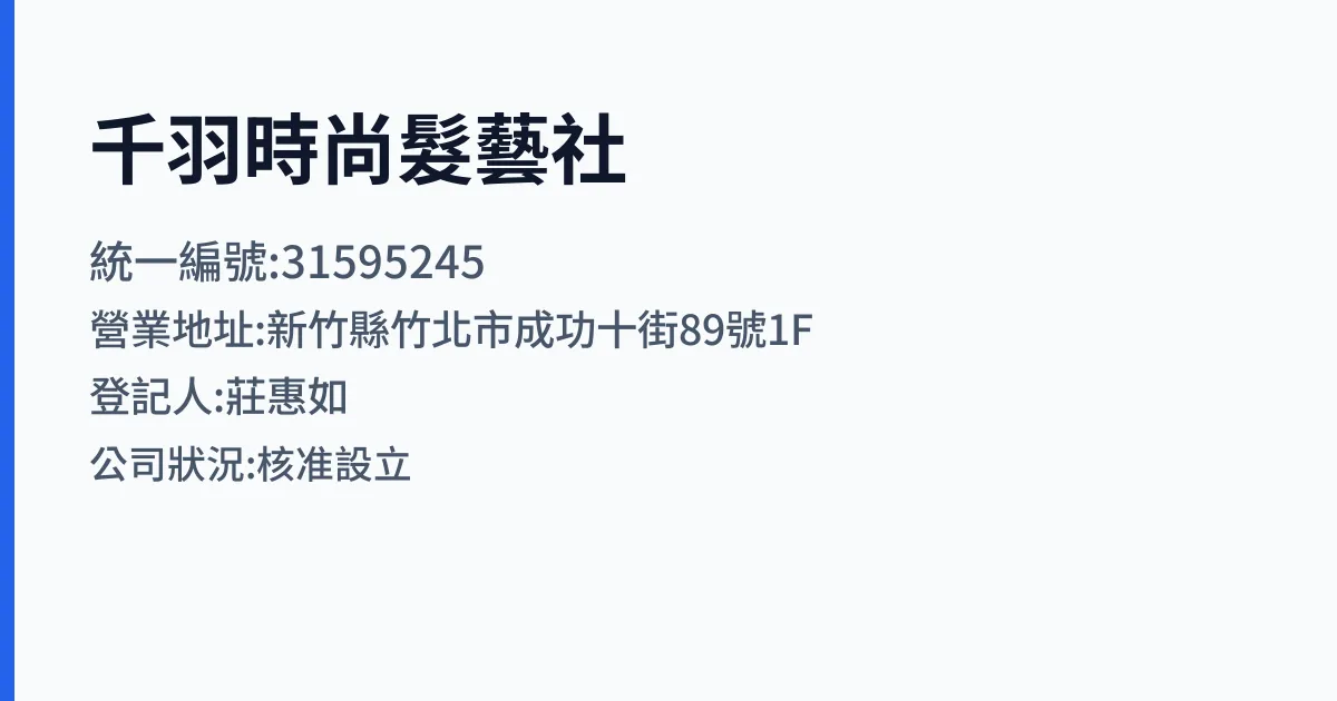 千羽時尚髮藝社 - 統編 31595245(新竹縣) 公司登記資料與營業項目詳細圖表