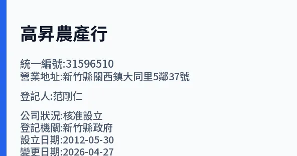 高昇農產行的照片-統編 31596510(新竹縣) 公司登記資料與營業項目詳細圖表