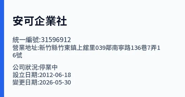安可企業社的照片-統編 31596912(新竹縣) 公司登記資料與營業項目詳細圖表