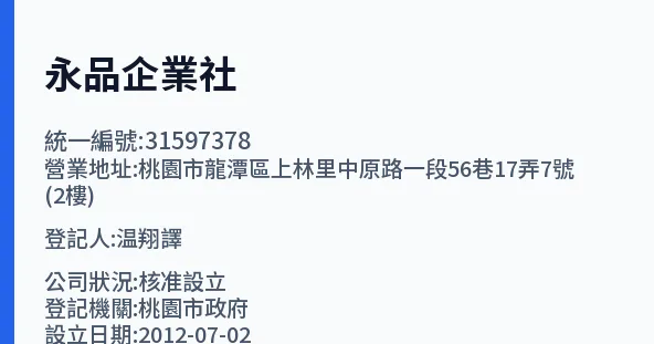 永品企業社的照片-統編 31597378(桃園市) 公司登記資料與營業項目詳細圖表