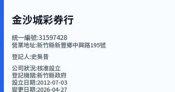 金沙城彩券行的照片-統編 31597428(新竹縣) 公司登記資料與營業項目詳細圖表