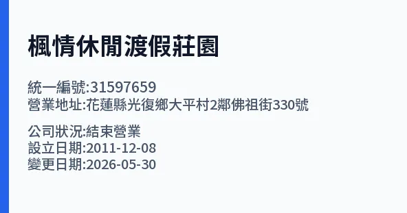 楓情休閒渡假莊園的照片-統編 31597659(花蓮縣) 公司登記資料與營業項目詳細圖表