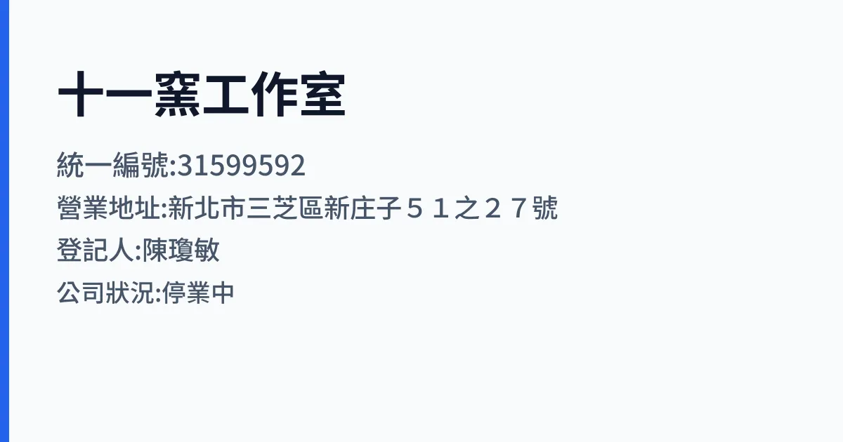 十一窯工作室 - 統編 31599592(新北市) 公司登記資料與營業項目詳細圖表