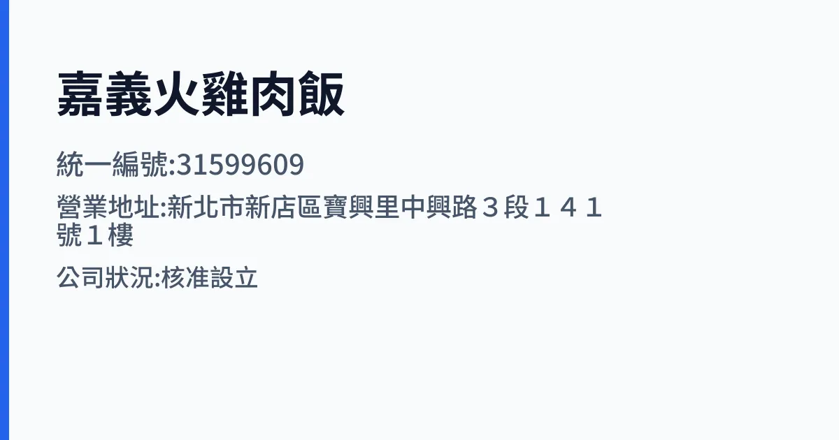 嘉義火雞肉飯 - 統編 31599609(新北市) 公司登記資料與營業項目詳細圖表