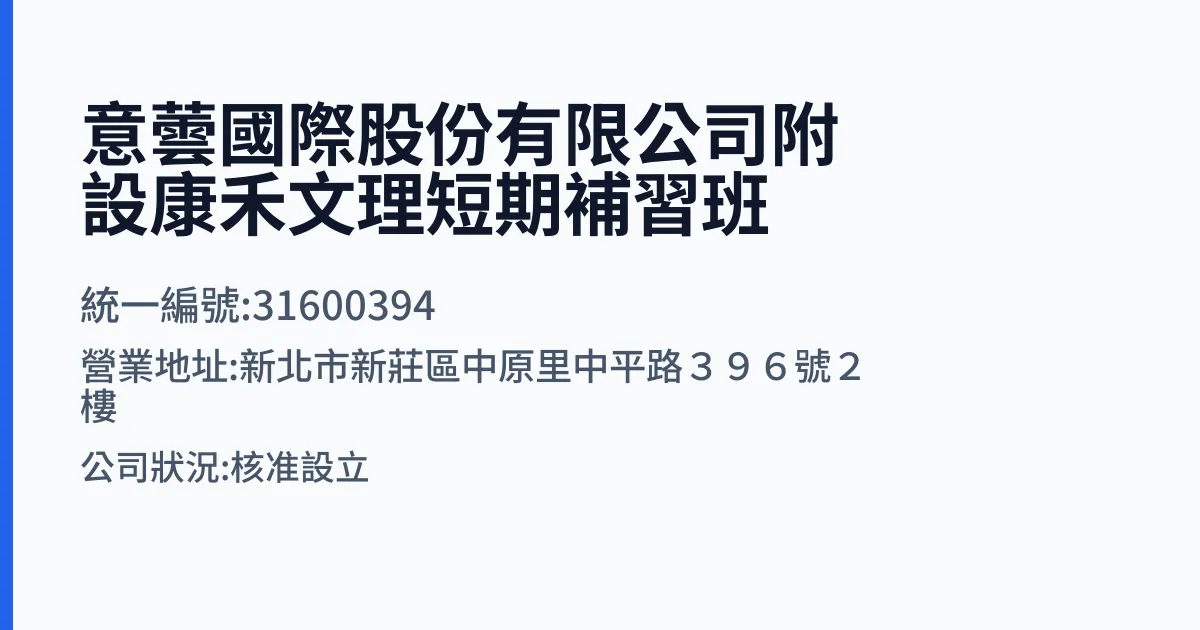 意蕓國際股份有限公司附設康禾文理短期補習班 - 統編 31600394(新北市) 公司登記資料與營業項目詳細圖表