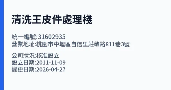 清洗王皮件處理棧的照片-統編 31602935(桃園市) 公司登記資料與營業項目詳細圖表