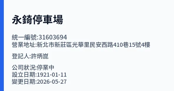 永錡停車場的照片-統編 31603694(新北市) 公司登記資料與營業項目詳細圖表