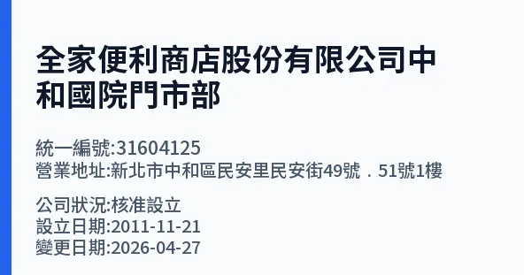 全家便利商店股份有限公司中和國院門市部的照片-統編 31604125(新北市) 公司登記資料與營業項目詳細圖表