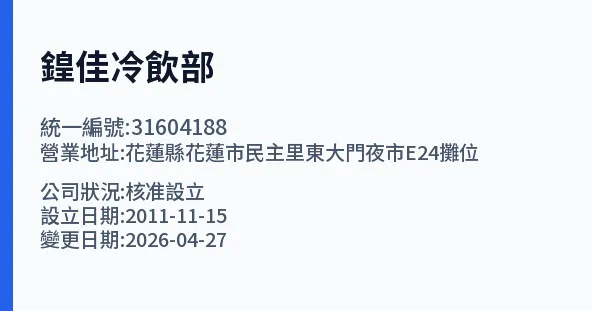 鍠佳冷飲部的照片-統編 31604188(花蓮縣) 公司登記資料與營業項目詳細圖表