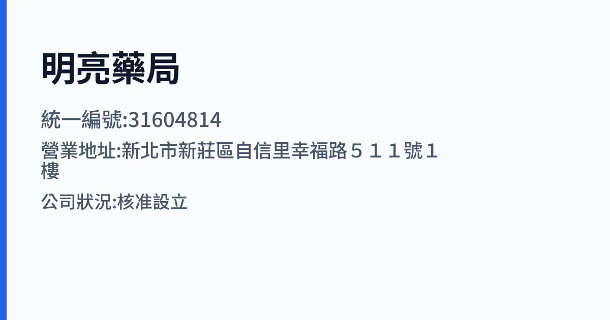 明亮藥局 - 統編 31604814(新北市) 公司登記資料與營業項目詳細圖表