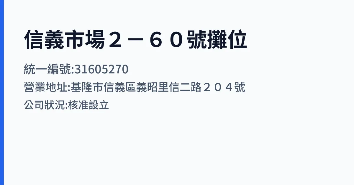 信義市場２－６０號攤位 - 統編 31605270(基隆市) 公司登記資料與營業項目詳細圖表