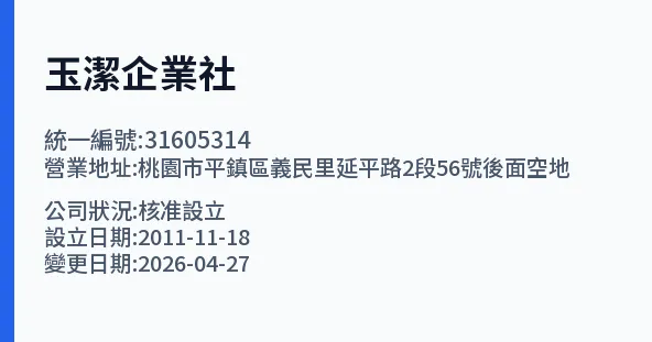 玉潔企業社的照片-統編 31605314(桃園市) 公司登記資料與營業項目詳細圖表