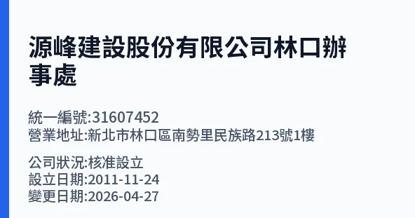 源峰建設股份有限公司林口辦事處的照片-統編 31607452(新北市) 公司登記資料與營業項目詳細圖表