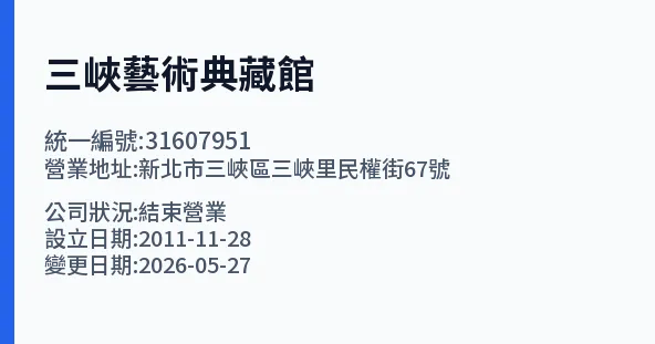 三峽藝術典藏館的照片-統編 31607951(新北市) 公司登記資料與營業項目詳細圖表