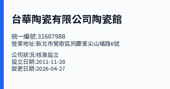 台華陶瓷有限公司陶瓷館的照片-統編 31607988(新北市) 公司登記資料與營業項目詳細圖表