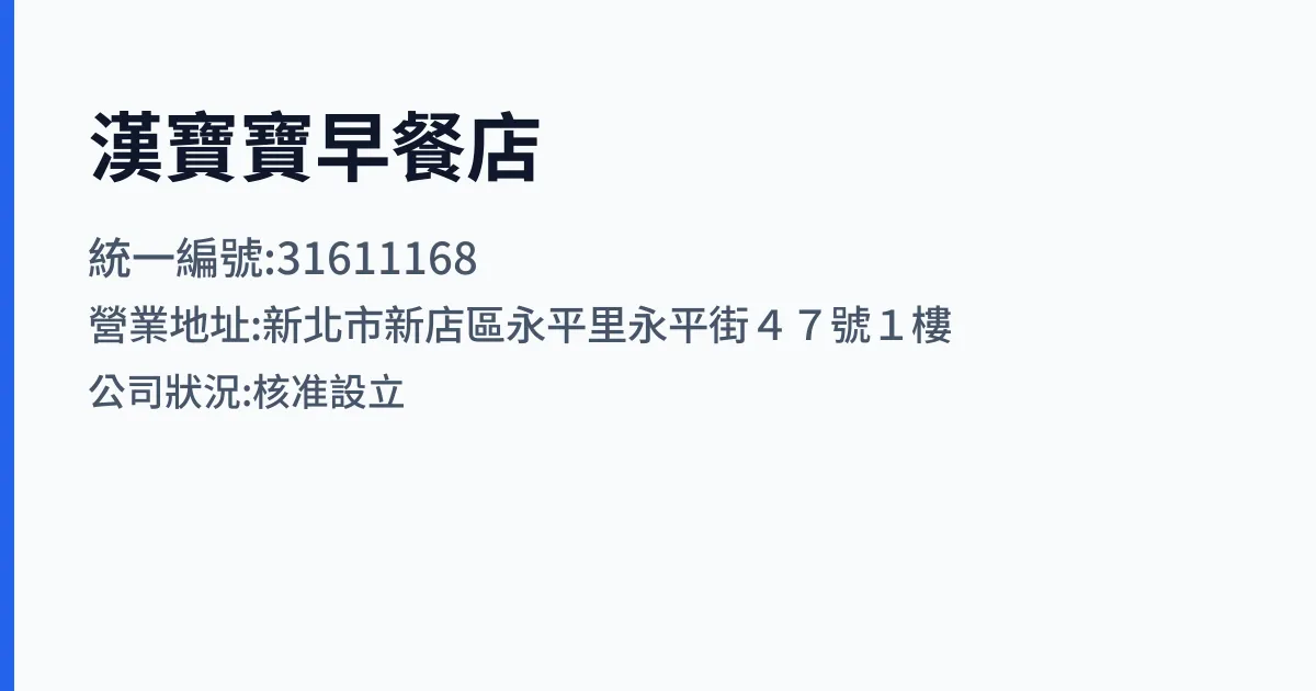 漢寶寶早餐店 - 統編 31611168(新北市) 公司登記資料與營業項目詳細圖表