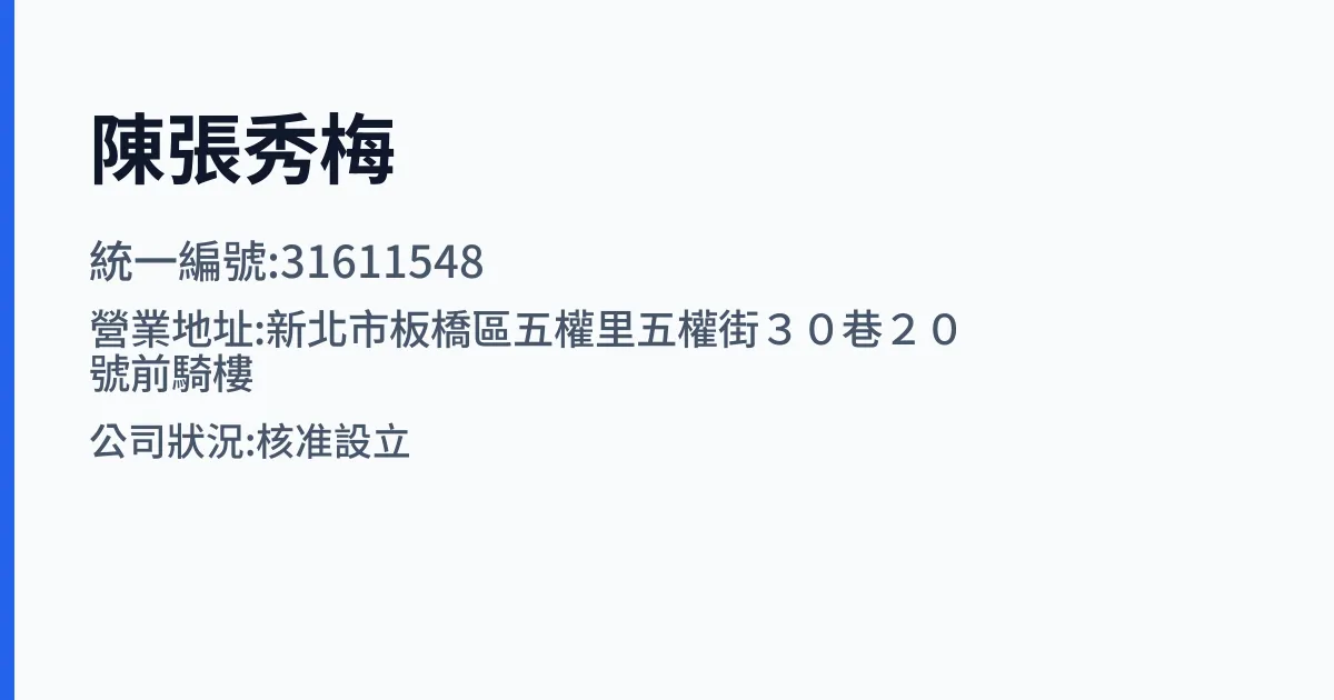 陳張秀梅 - 統編 31611548(新北市) 公司登記資料與營業項目詳細圖表