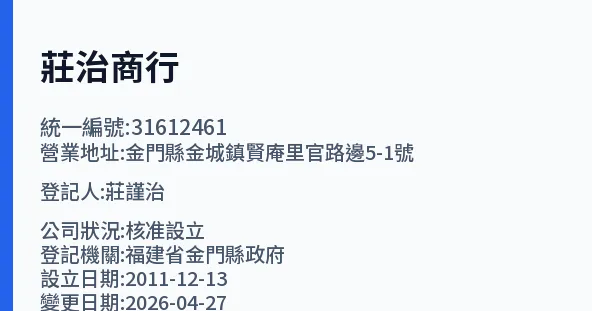 莊治商行的照片-統編 31612461(金門縣) 公司登記資料與營業項目詳細圖表
