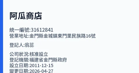阿瓜商店的照片-統編 31612841(金門縣) 公司登記資料與營業項目詳細圖表