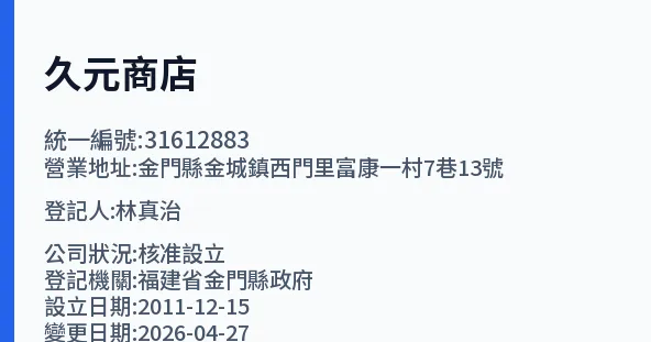 久元商店的照片-統編 31612883(金門縣) 公司登記資料與營業項目詳細圖表