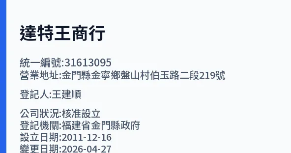 達特王商行的照片-統編 31613095(金門縣) 公司登記資料與營業項目詳細圖表