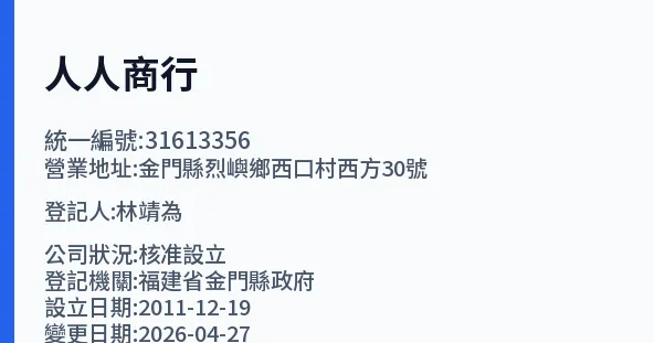 人人商行的照片-統編 31613356(金門縣) 公司登記資料與營業項目詳細圖表