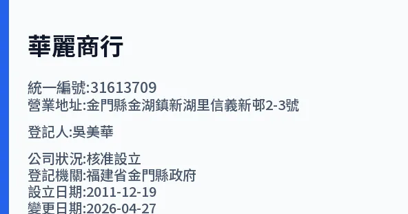 華麗商行的照片-統編 31613709(金門縣) 公司登記資料與營業項目詳細圖表