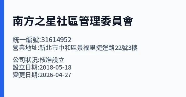 南方之星社區管理委員會的照片-統編 31614952(新北市) 公司登記資料與營業項目詳細圖表