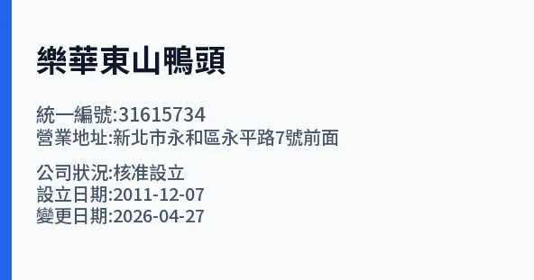 樂華東山鴨頭的照片-統編 31615734(新北市) 公司登記資料與營業項目詳細圖表