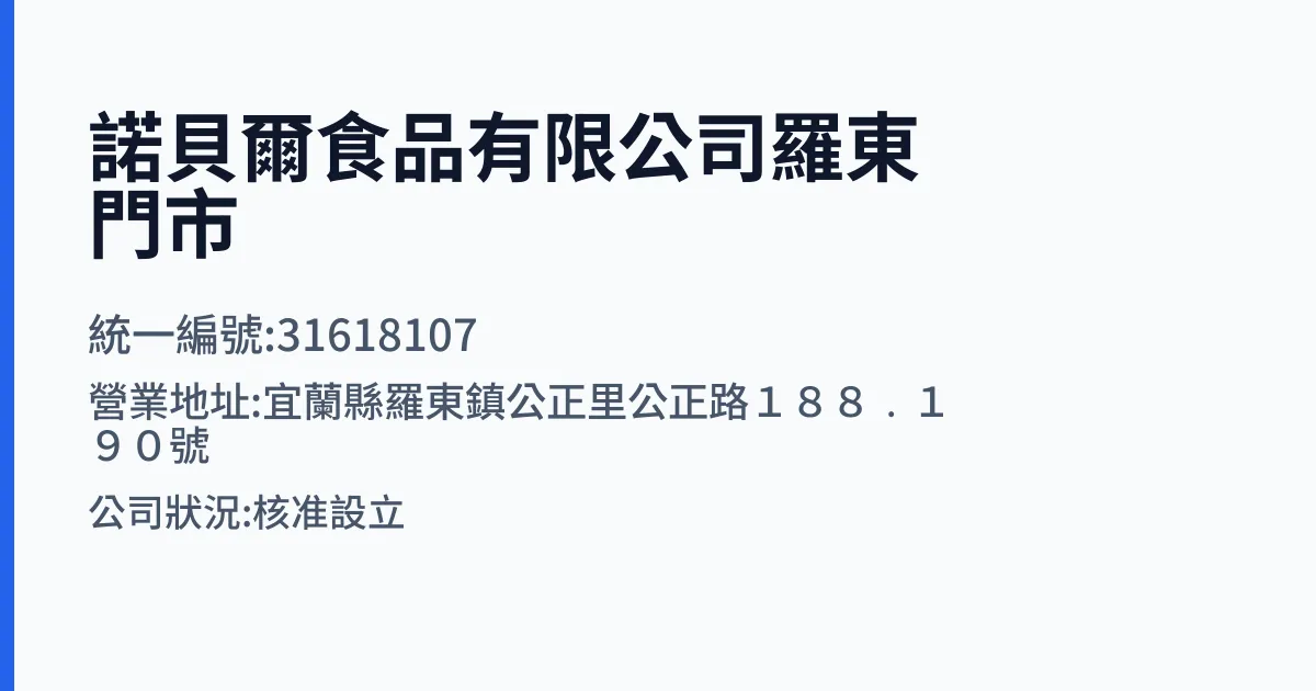 諾貝爾食品有限公司羅東門市 - 統編 31618107(宜蘭縣) 公司登記資料與營業項目詳細圖表