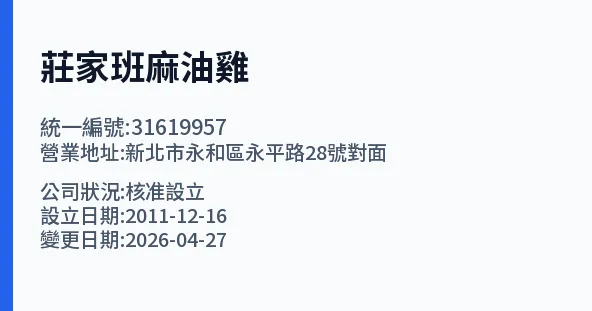 莊家班麻油雞的照片-統編 31619957(新北市) 公司登記資料與營業項目詳細圖表
