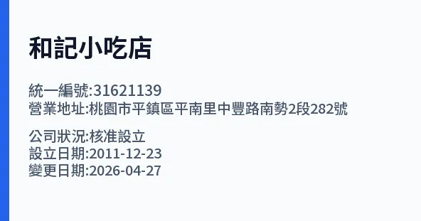 和記小吃店的照片-統編 31621139(桃園市) 公司登記資料與營業項目詳細圖表