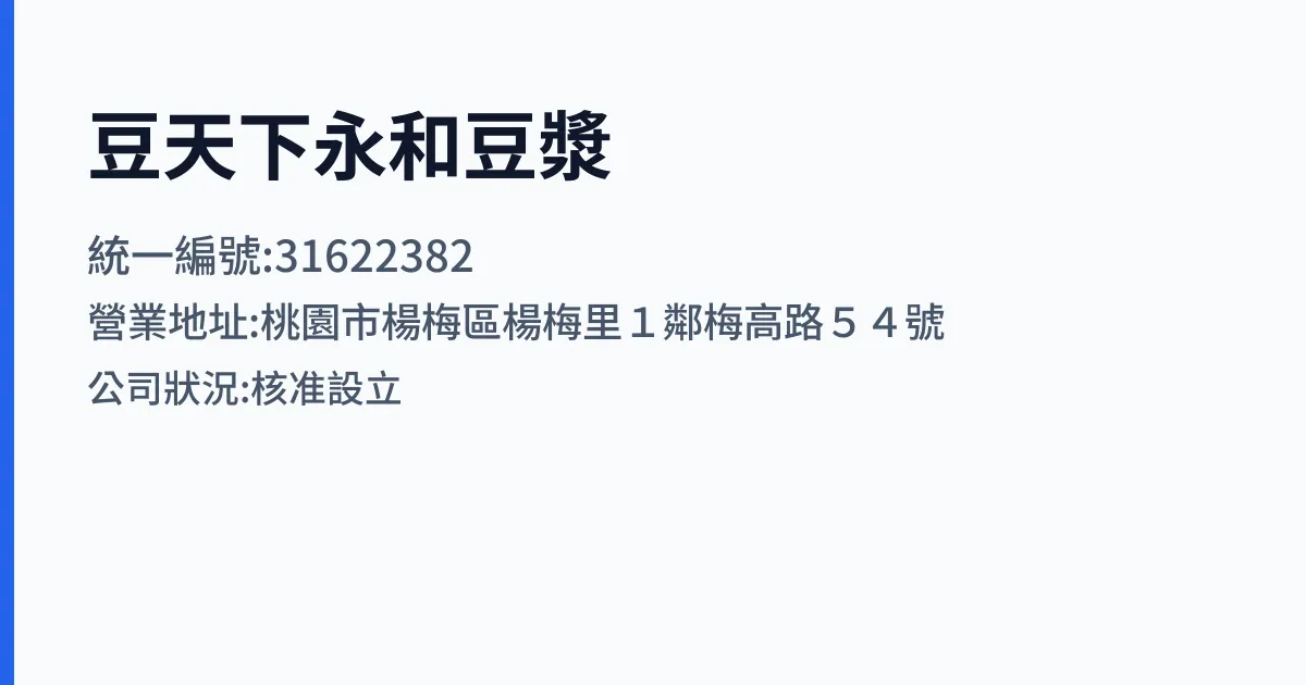 豆天下永和豆漿 - 統編 31622382(桃園市) 公司登記資料與營業項目詳細圖表