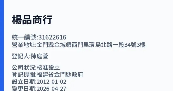 楊品商行的照片-統編 31622616(金門縣) 公司登記資料與營業項目詳細圖表