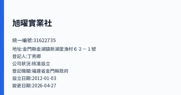 旭曜實業社的照片-統編 31622735(金門縣) 公司登記資料與營業項目詳細圖表