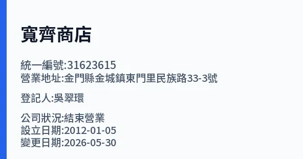 寬齊商店的照片-統編 31623615(金門縣) 公司登記資料與營業項目詳細圖表