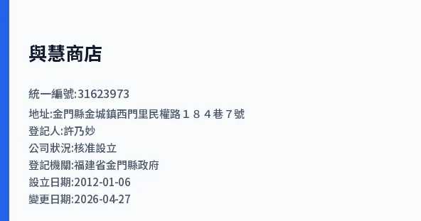 與慧商店的照片-統編 31623973(金門縣) 公司登記資料與營業項目詳細圖表