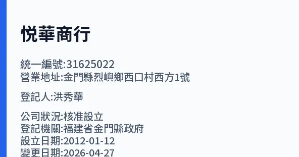 悦華商行的照片-統編 31625022(金門縣) 公司登記資料與營業項目詳細圖表