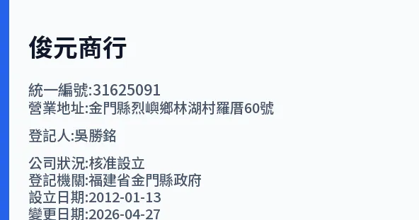 俊元商行的照片-統編 31625091(金門縣) 公司登記資料與營業項目詳細圖表