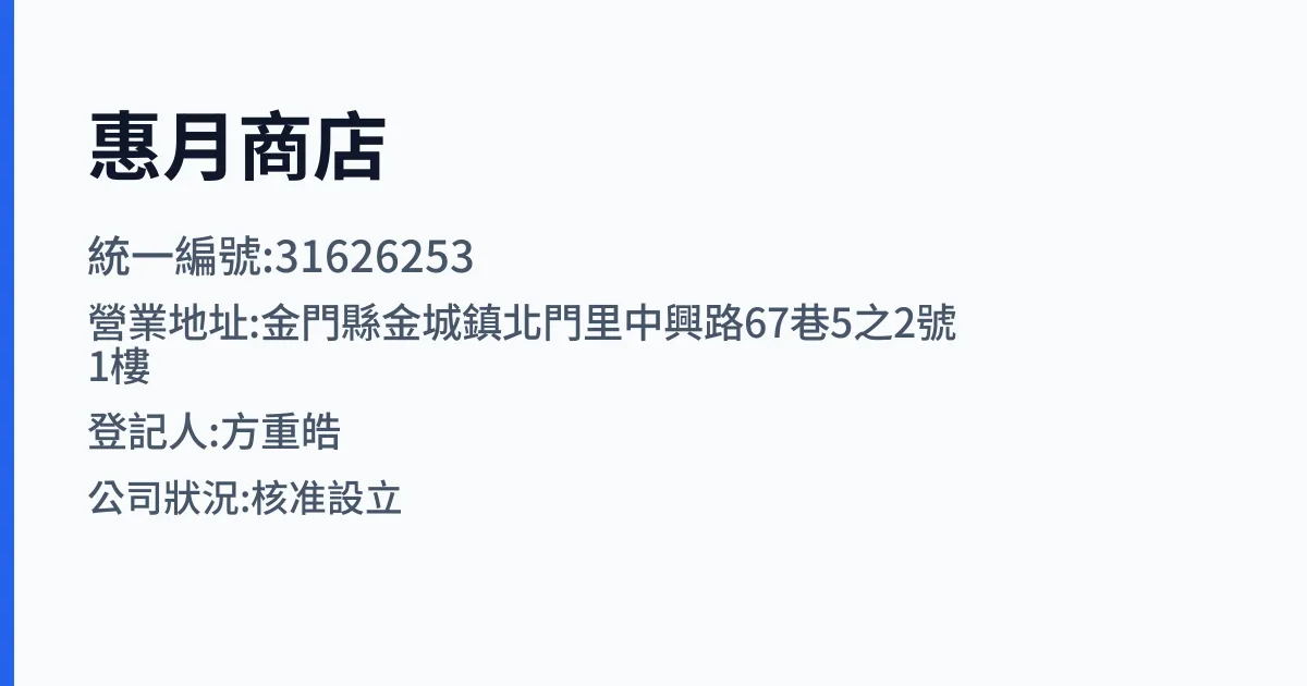 惠月商店 - 統編 31626253(金門縣) 公司登記資料與營業項目詳細圖表