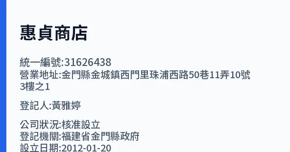 惠貞商店的照片-統編 31626438(金門縣) 公司登記資料與營業項目詳細圖表