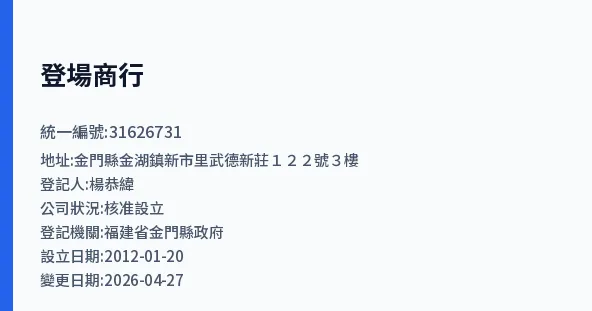 登場商行的照片-統編 31626731(金門縣) 公司登記資料與營業項目詳細圖表