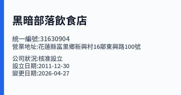 黑暗部落飲食店的照片-統編 31630904(花蓮縣) 公司登記資料與營業項目詳細圖表
