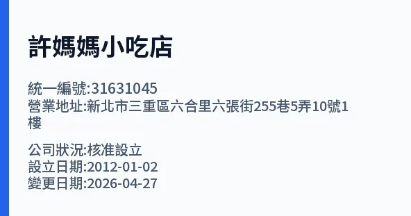 許媽媽小吃店的照片-統編 31631045(新北市) 公司登記資料與營業項目詳細圖表