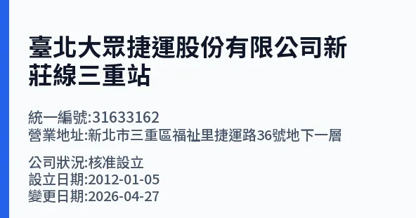 臺北大眾捷運股份有限公司新莊線三重站的照片-統編 31633162(新北市) 公司登記資料與營業項目詳細圖表