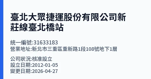 臺北大眾捷運股份有限公司新莊線臺北橋站的照片-統編 31633183(新北市) 公司登記資料與營業項目詳細圖表