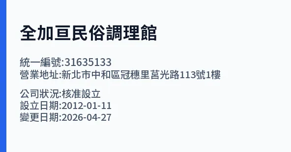 全加亘民俗調理館的照片-統編 31635133(新北市) 公司登記資料與營業項目詳細圖表
