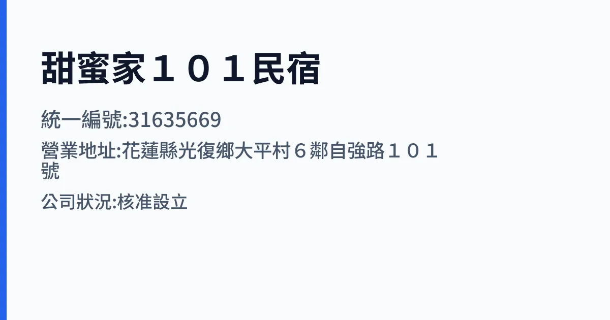 甜蜜家１０１民宿 - 統編 31635669(花蓮縣) 公司登記資料與營業項目詳細圖表