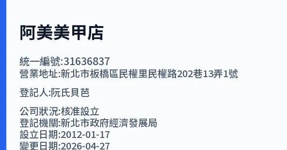阿美美甲店的照片-統編 31636837(新北市) 公司登記資料與營業項目詳細圖表
