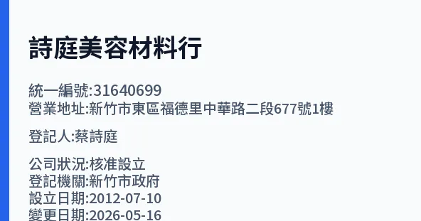 詩庭美容材料行的照片-統編 31640699(新竹市) 公司登記資料與營業項目詳細圖表